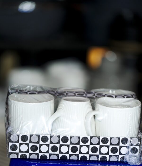 White Ribbed Mug Set – 6 Ceramic Cups in Patterned Gift Box – Milele Shop